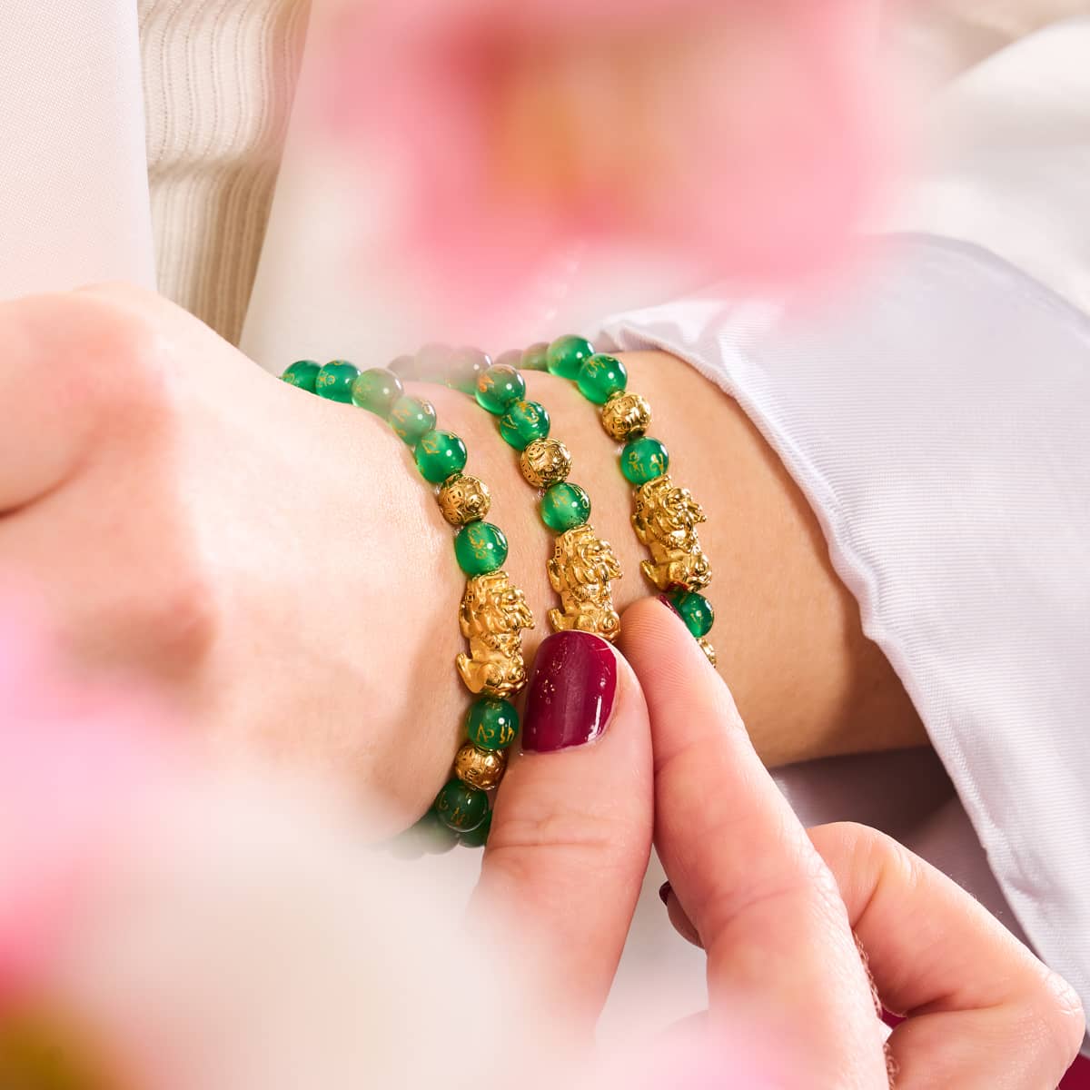 NOGU Mini Pixiu Feng Shui Bracelet Earth Element Green Agate x 18K Gold in Green Gold